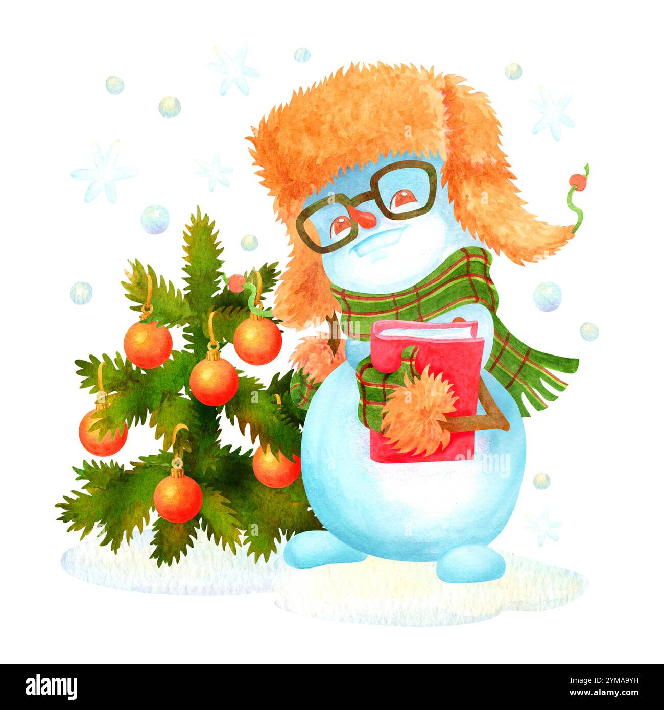 Snowman in fur hat and glasses with book on Christmas tree background ...