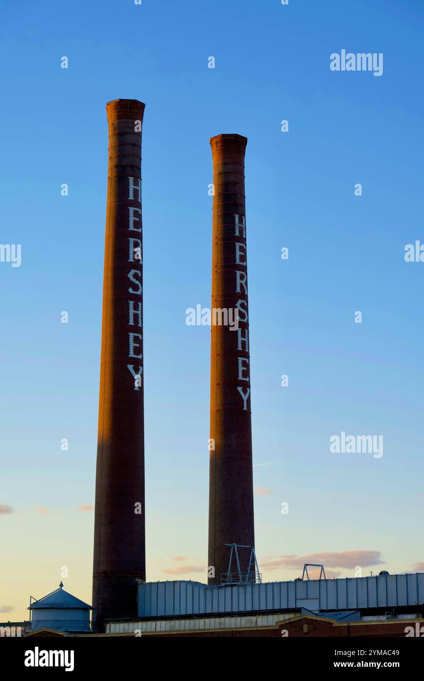 Two brick chimneys at the historic Hershey manufacturing facility in ...