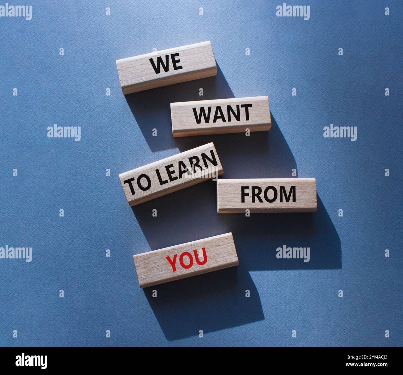 We want to learn from you symbol. Wooden blocks with words We want to ...