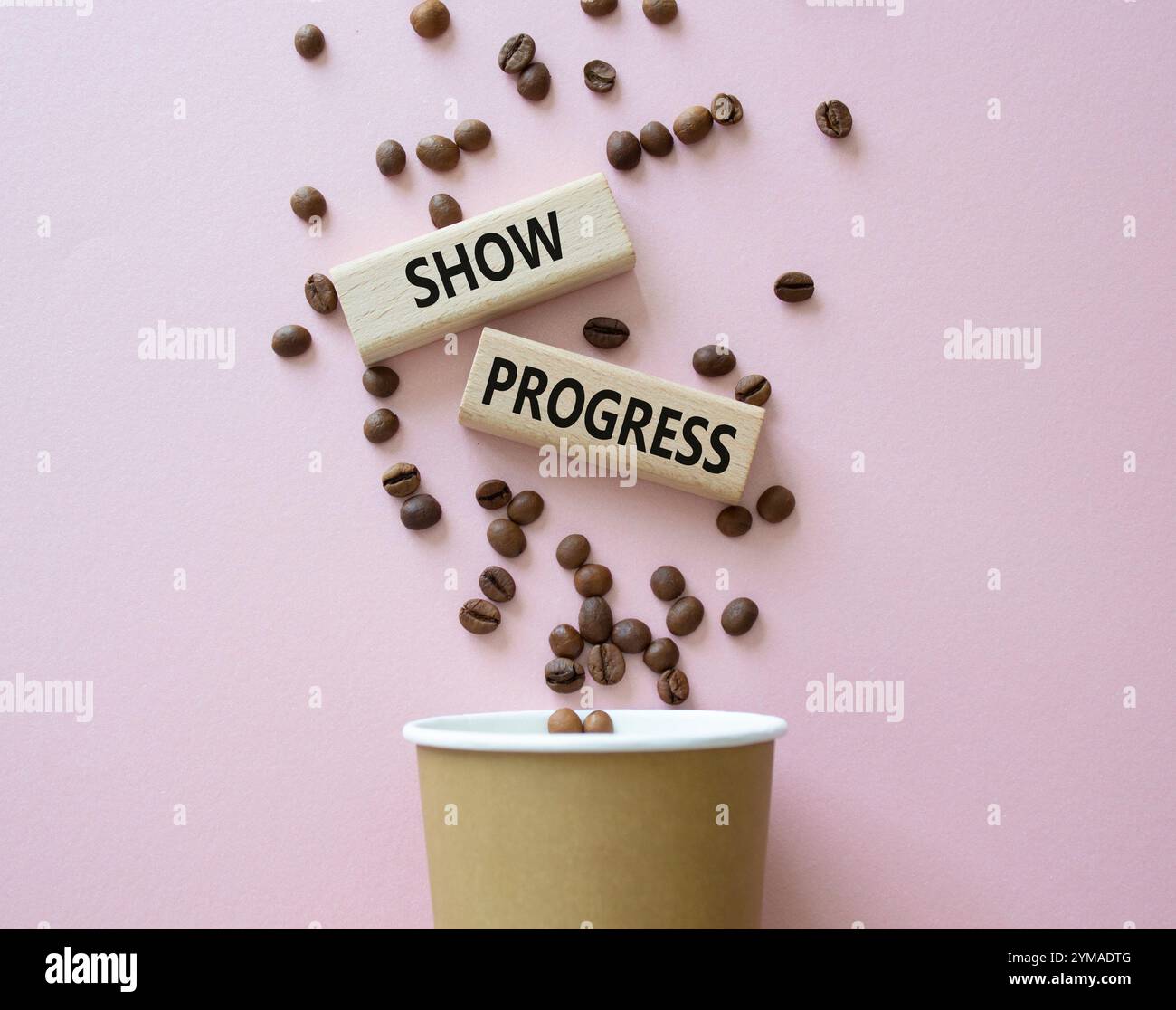 Progress symbol. Wooden blocks with words Show progress. Beautiful pink ...