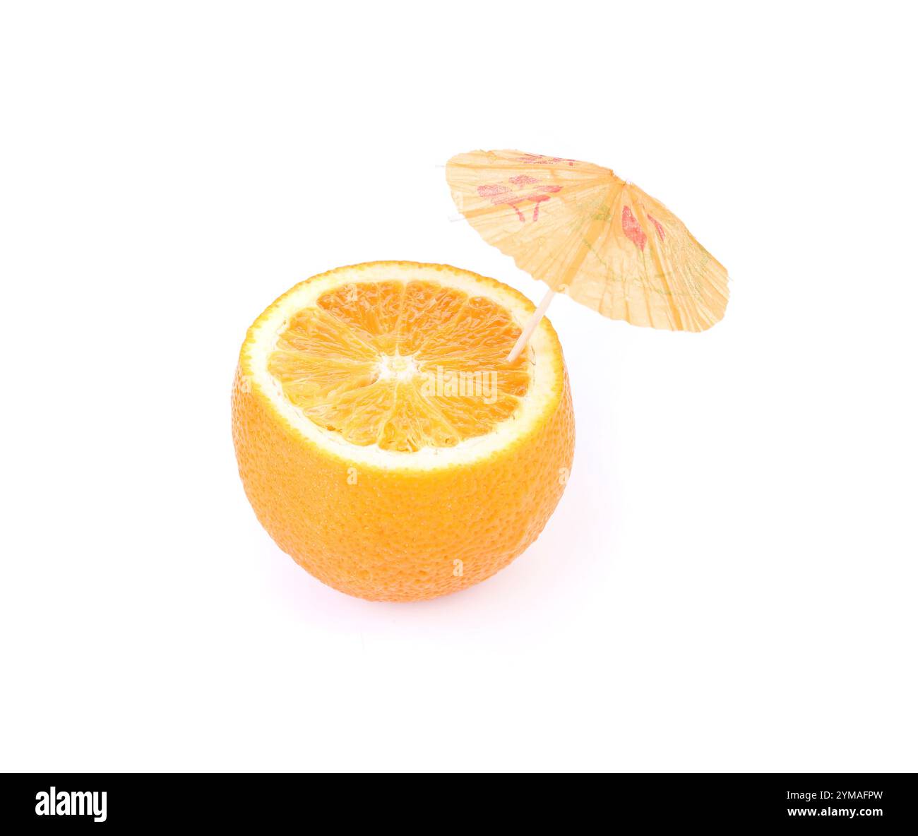 Cut orange under umbrella. Close up. White background Stock Photo - Alamy