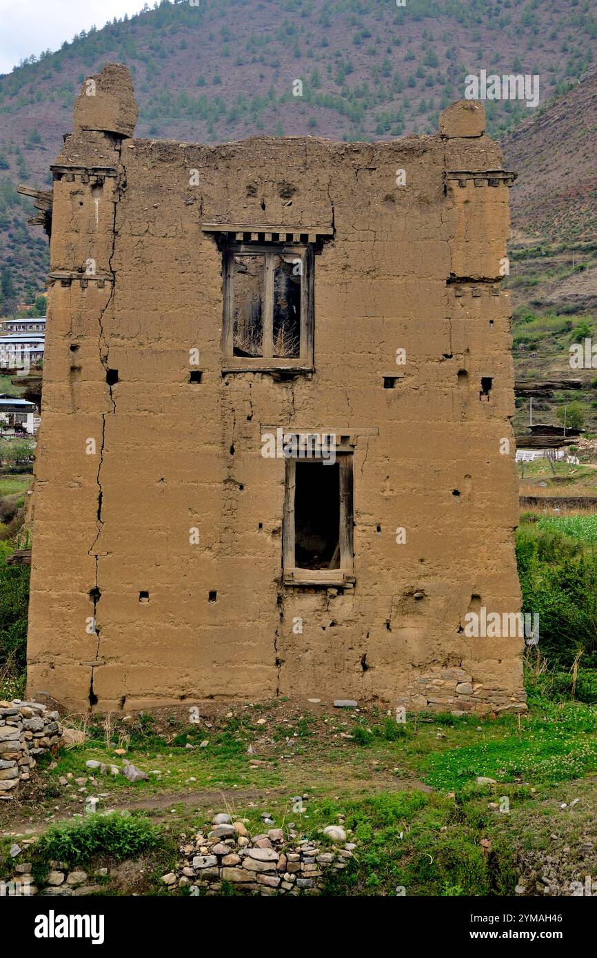 Ruins of an old structure, on the way to Chimi Lhakhang, located near ...