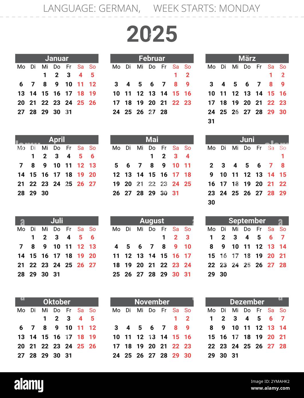 German calendar 2025: Yearly planner with vector illustrations of ...