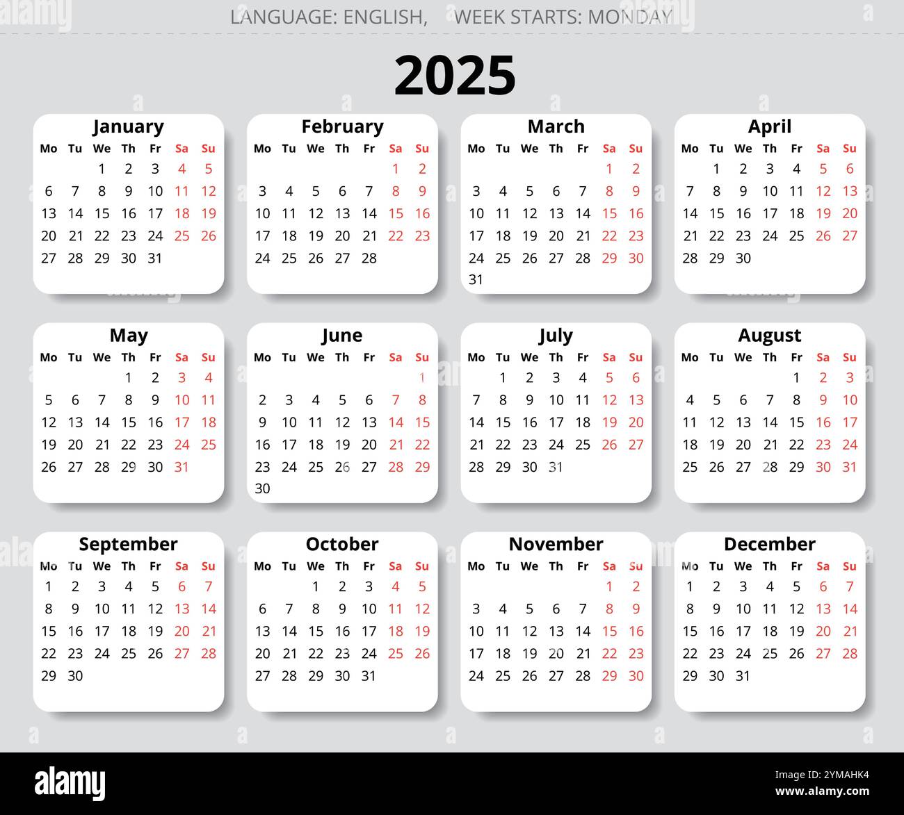 2025 year english vector calendar with 12 months. Week starts monday ...