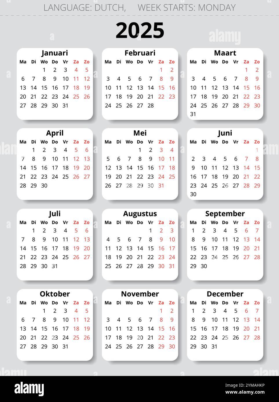 2025 dutch calendar. Vector illustration for Dutch. 12 months year ...