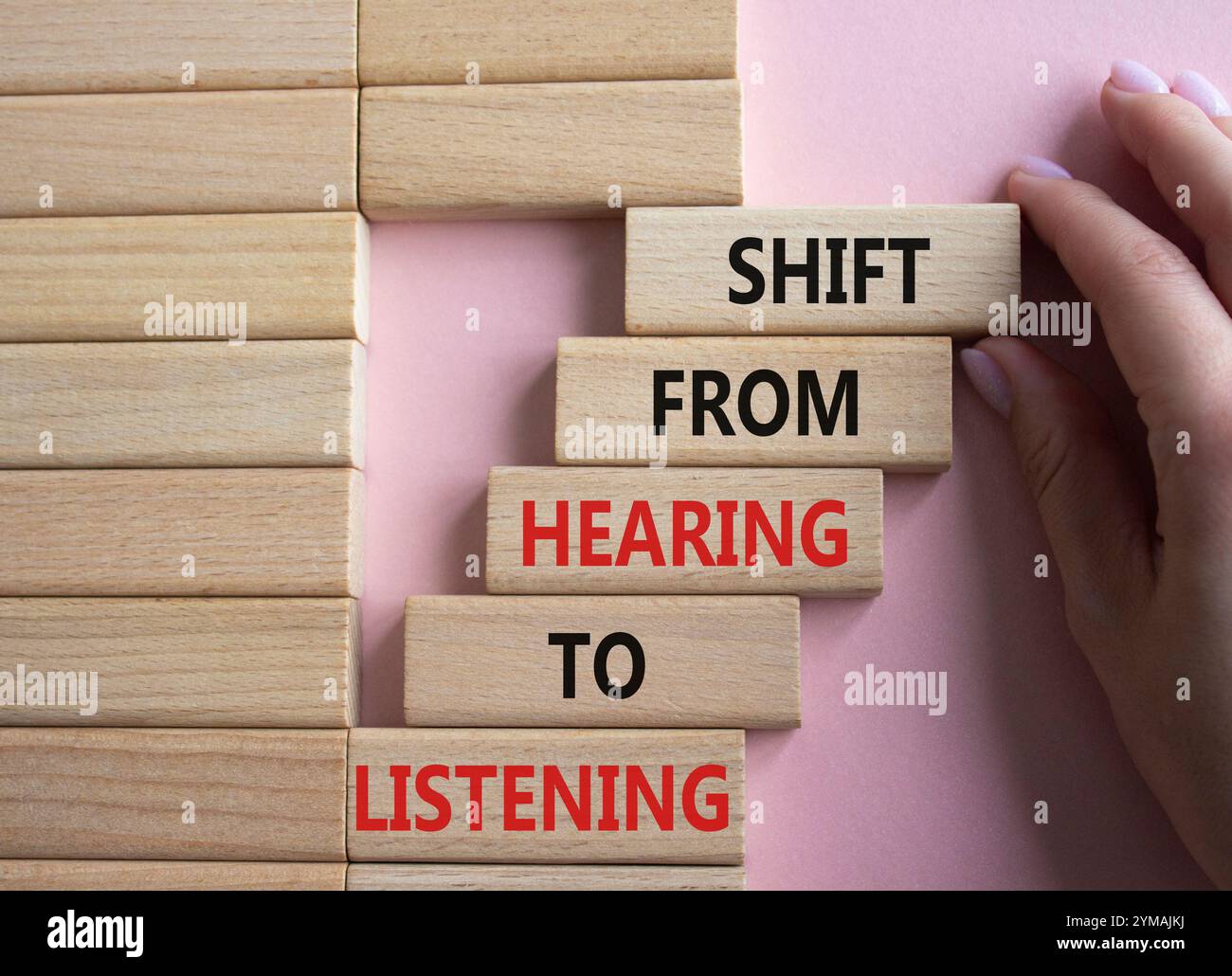 Listening symbol. Wooden blocks with words Shift from Hearing to ...