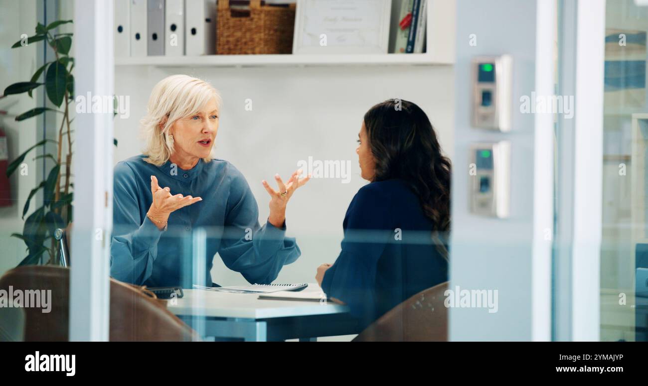 Serious, HR and meeting with employee, talking and discussion for poor ...