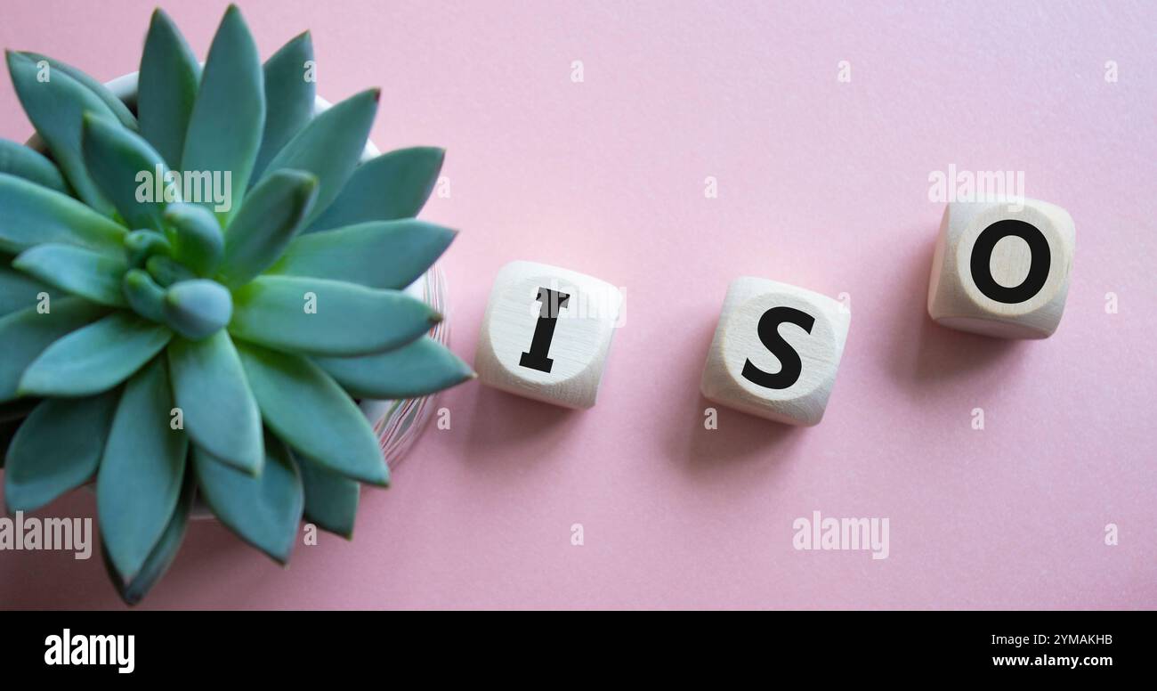 ISO standards quality control symbol. Concept word ISO on wooden cubes ...