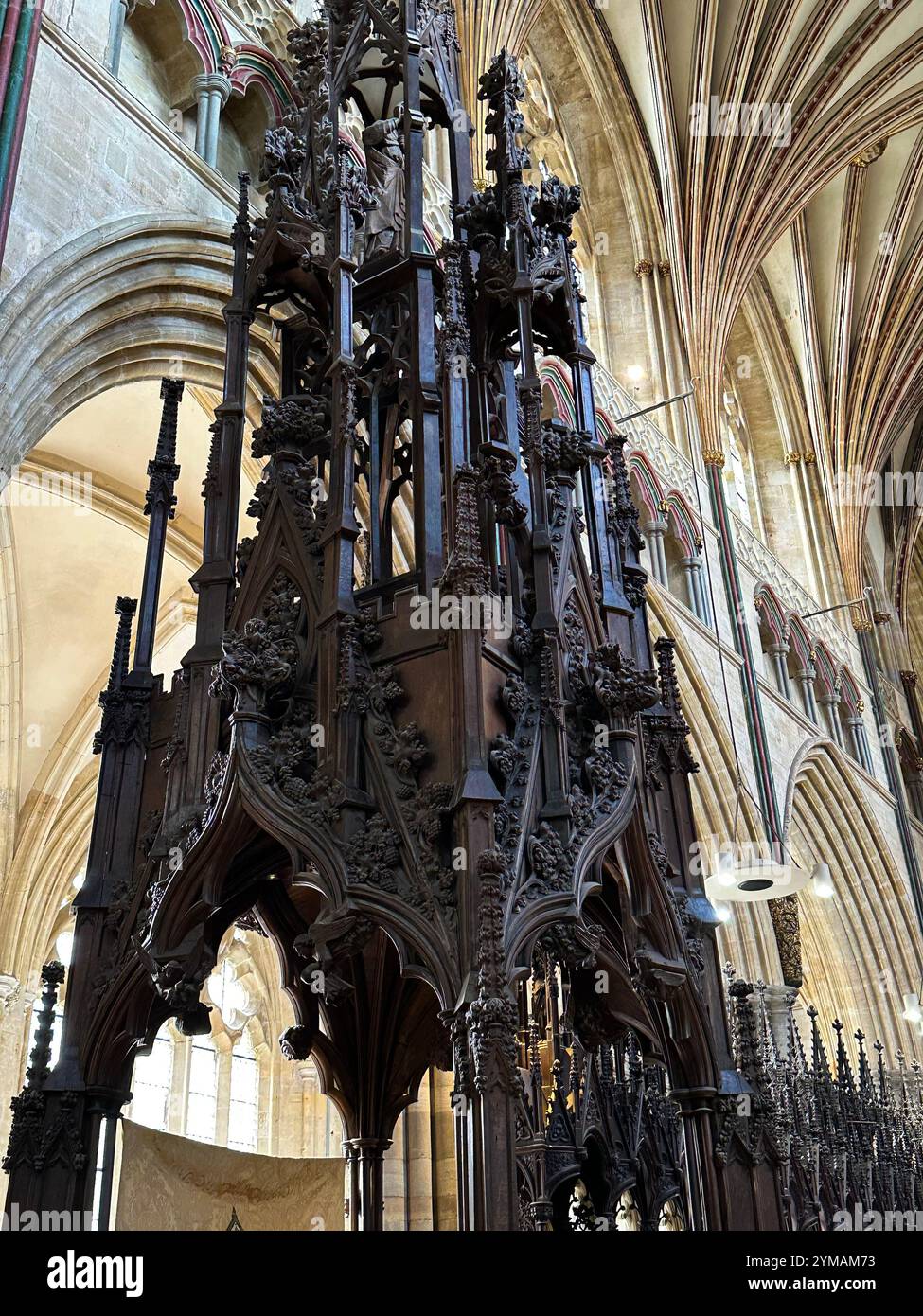 The ornate Bishop's Chair canopy at Exeter Cathedral, Devon, England ...