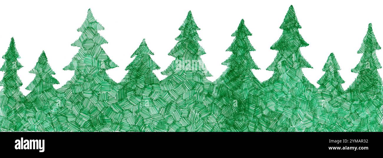 Panorama of coniferous trees. Horizontal background. Green color on ...