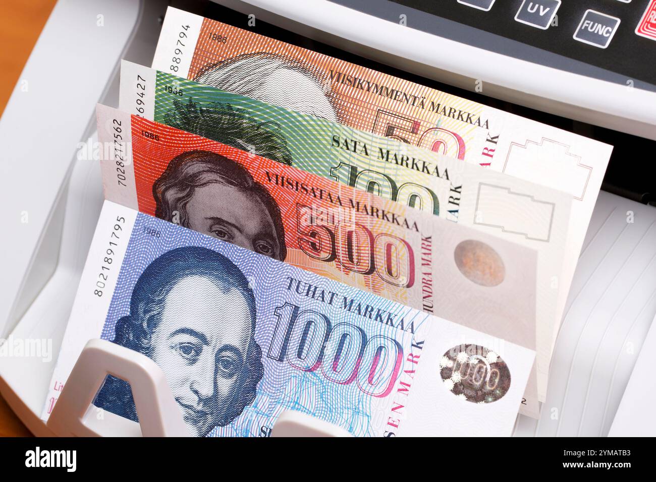 Finnish money - Marks in the counting machine Stock Photo - Alamy
