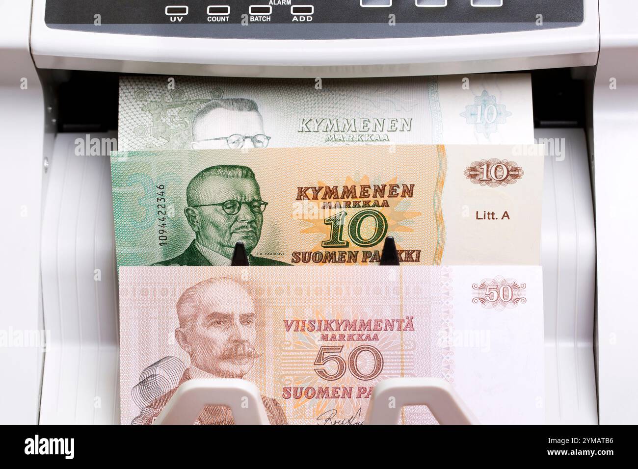 Finnish money - Marks in the counting machine Stock Photo - Alamy