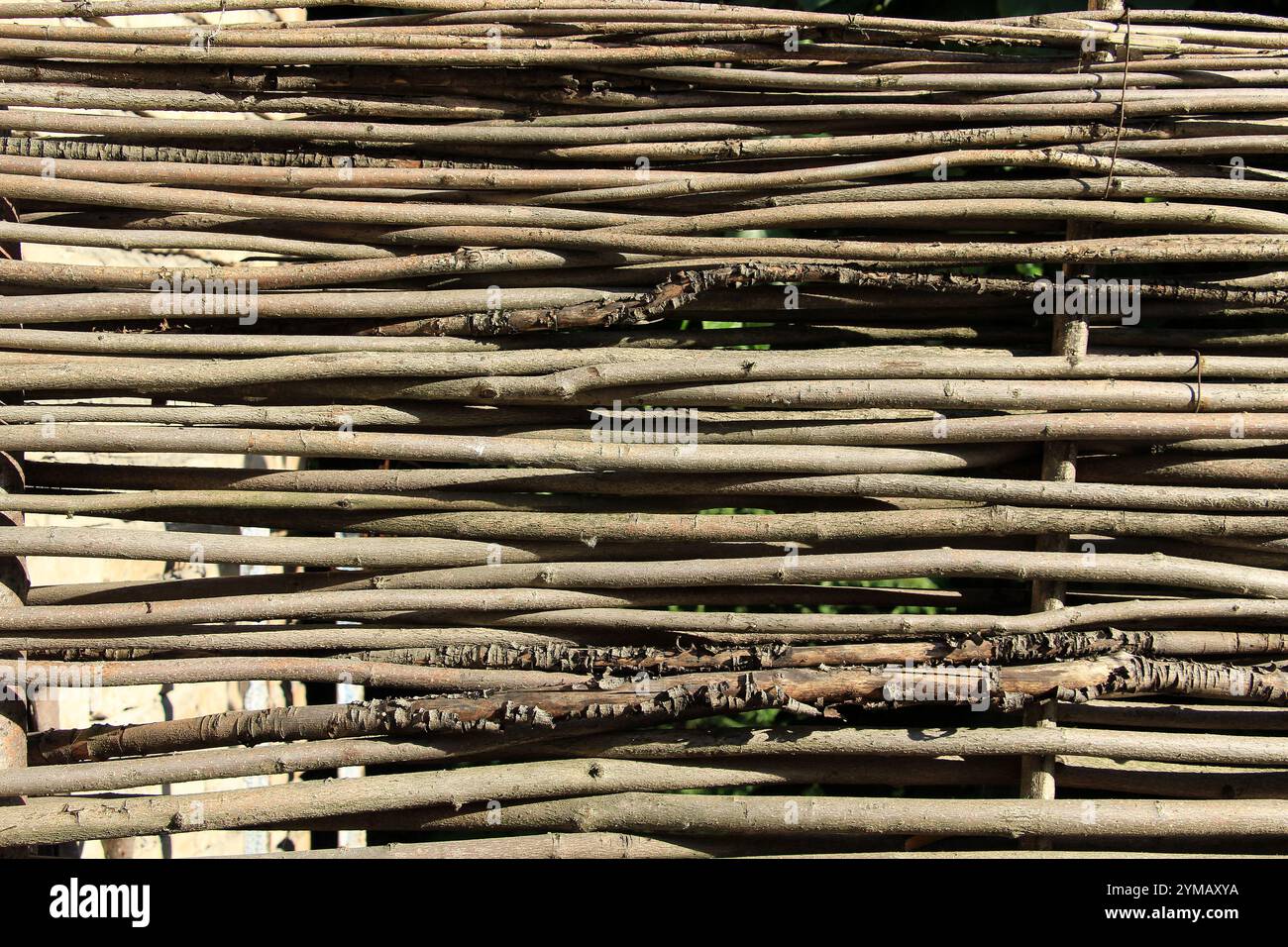 Decorative wall made of thin tree branches. Wall fence made of brown ...