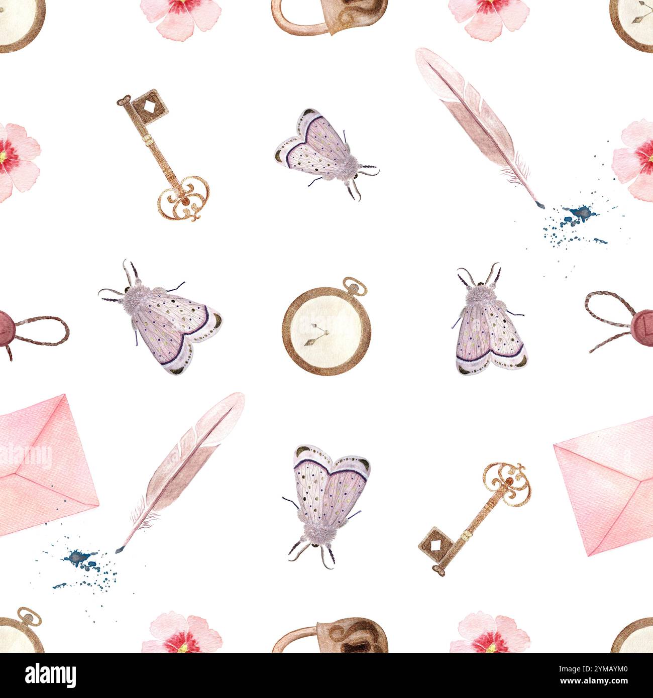 Antique key and a lock, pink moth, a quill and an envelope watercolor ...