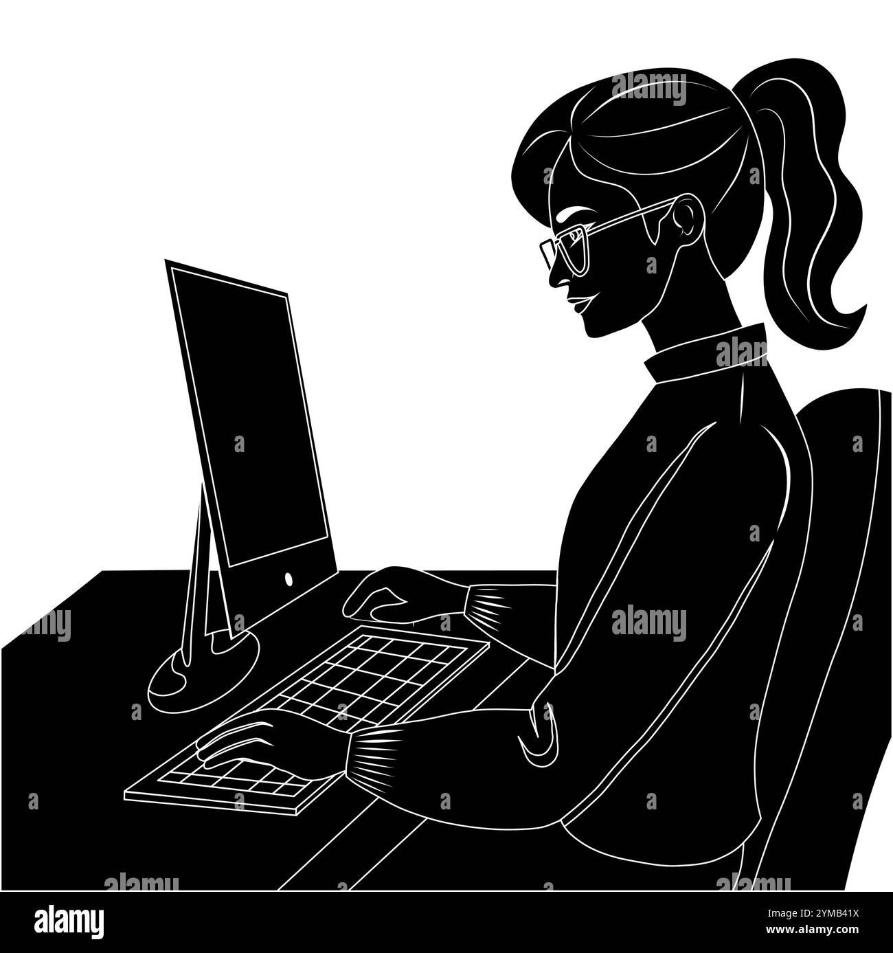 Vector illustration of black silhouette woman studying at computer ...