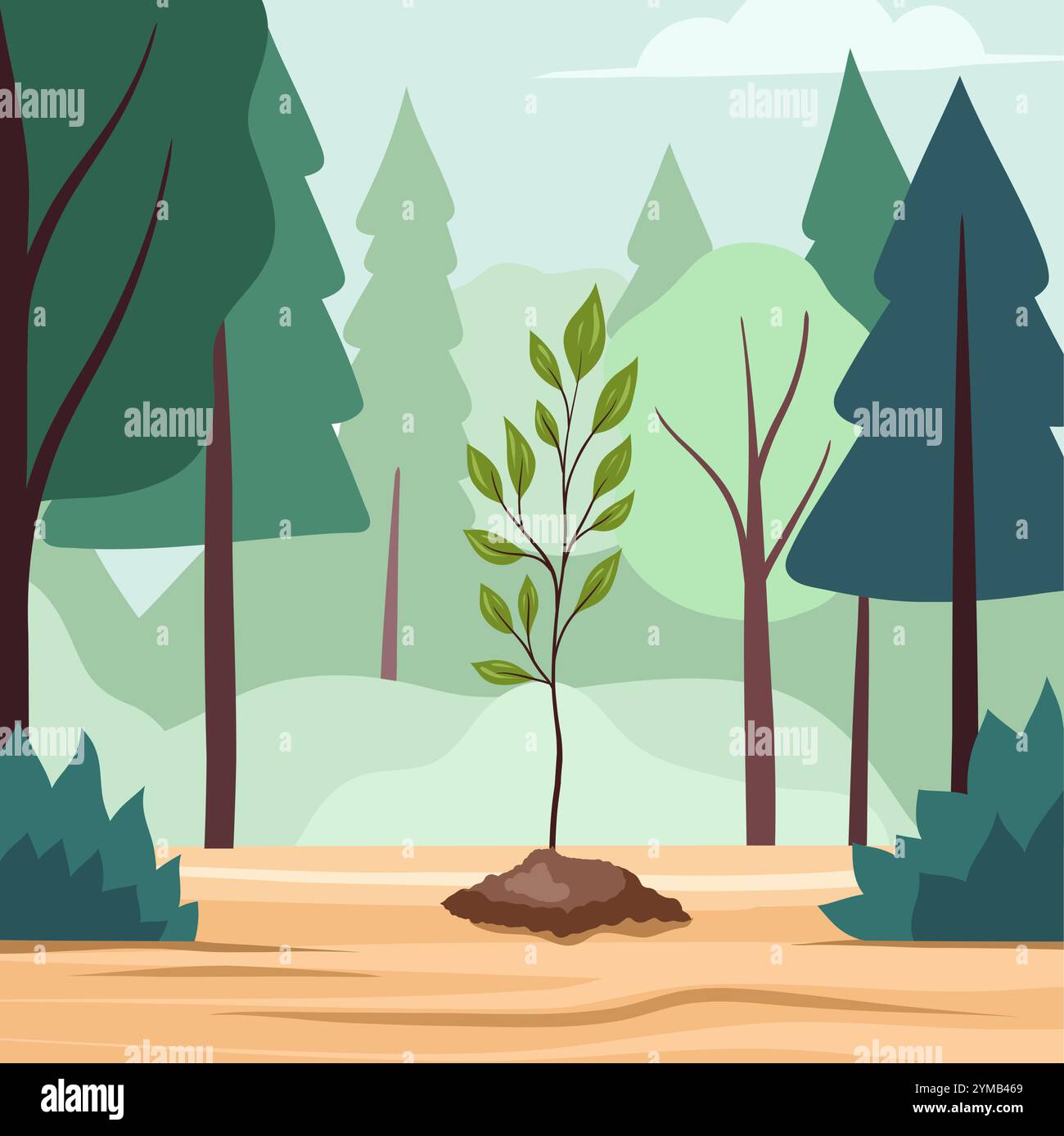 Vector illustration young tree in forest in flat style. Planting trees ...