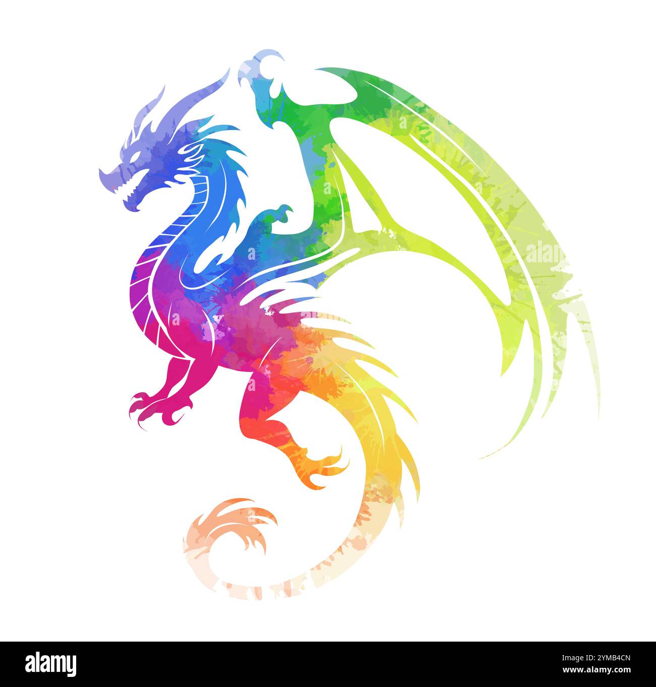 Vector illustration of rainbow watercolor dragon silhouette on a white ...