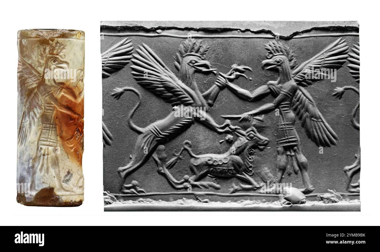 7402. Assyrian cylinder seal depicting winged Griffin in grasp of ...