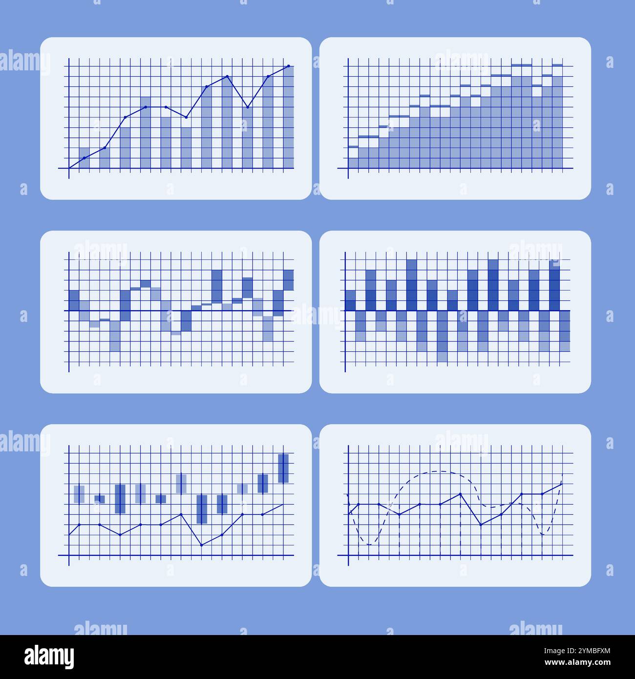 Collection of blue-toned charts showcasing various financial data types ...