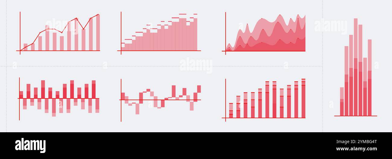 Set of red graphs, including bar and area charts, illustrating financial trends and analytics ...