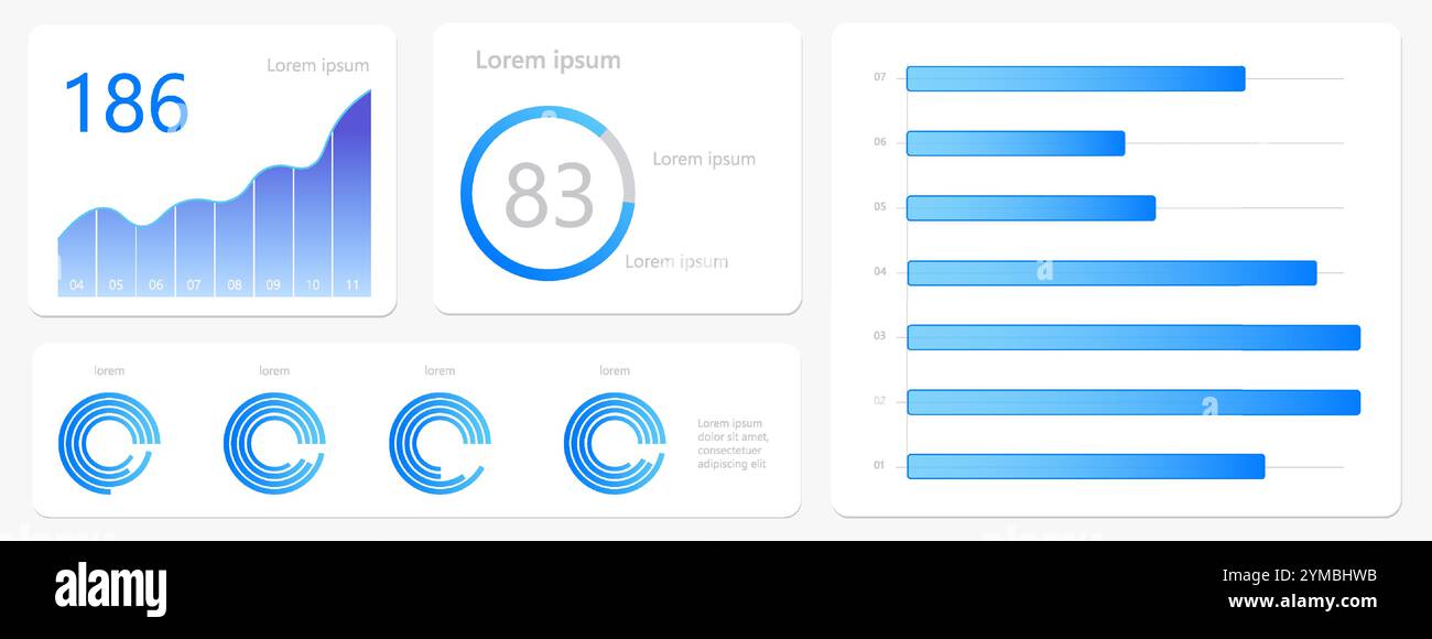 Set of blue and white charts, including bar and circular graphs, representing data and analytics ...