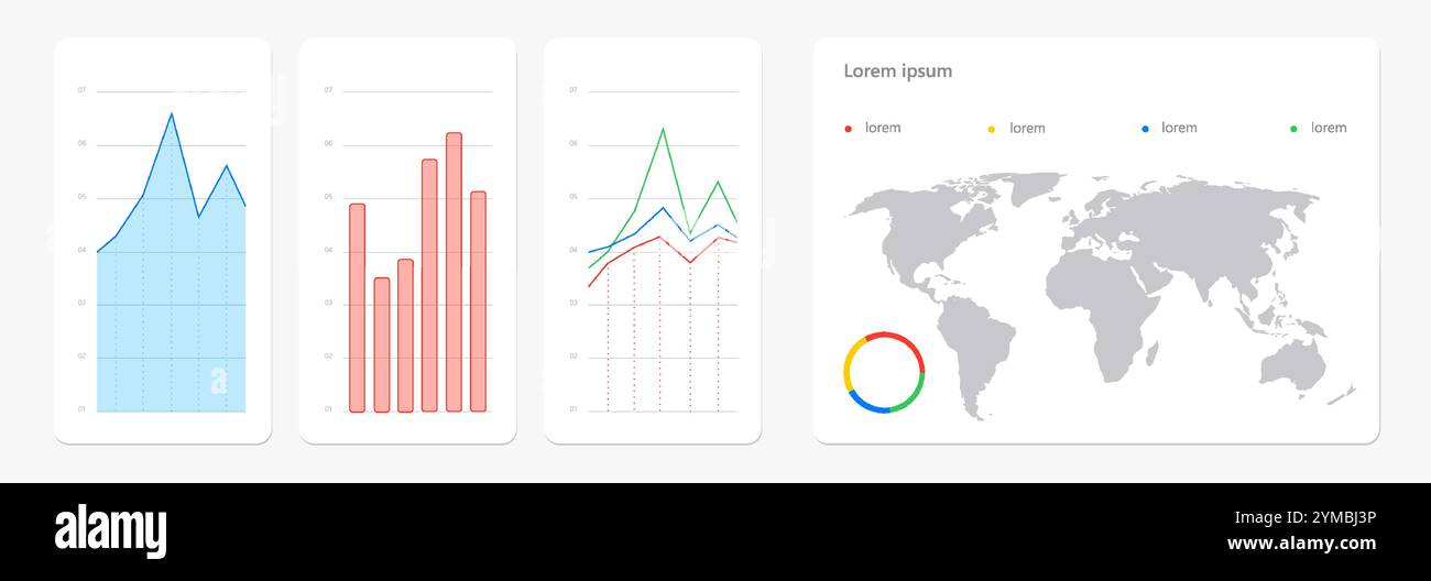 Set of financial charts, including line graphs and global maps, highlighting data trends and ...