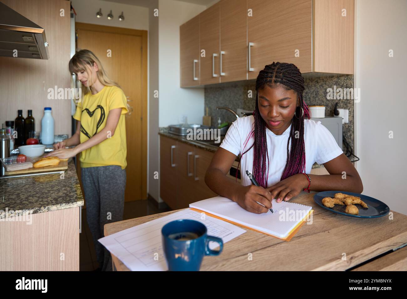 Multiethnic students sharing apartment and studying while roommate ...