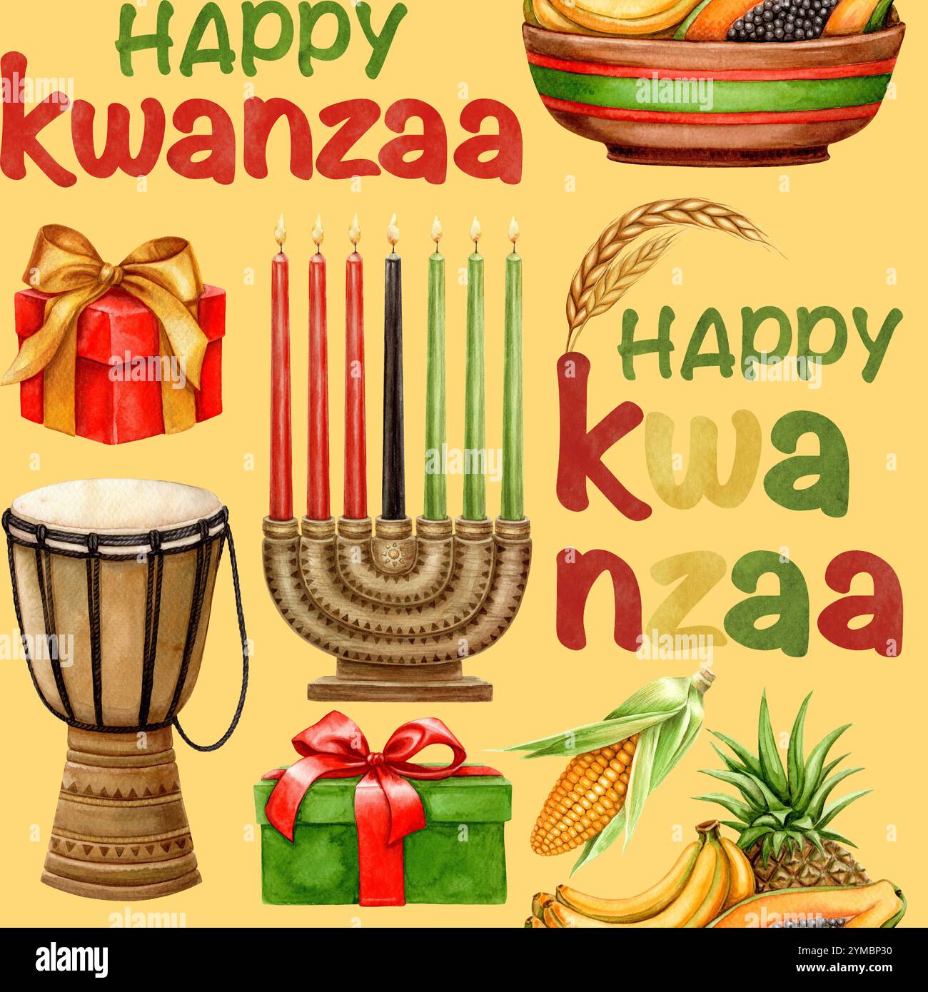 Happy Kwanzaa seamless pattern of African drum, fruits and Kinara with ...