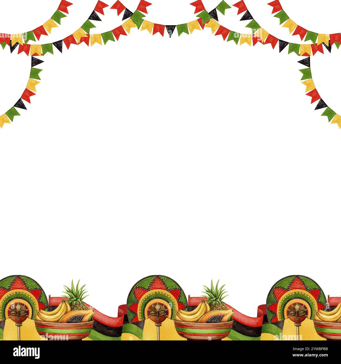 Kwanzaa square frame with garland, Pan-African flag, woven fan and ...