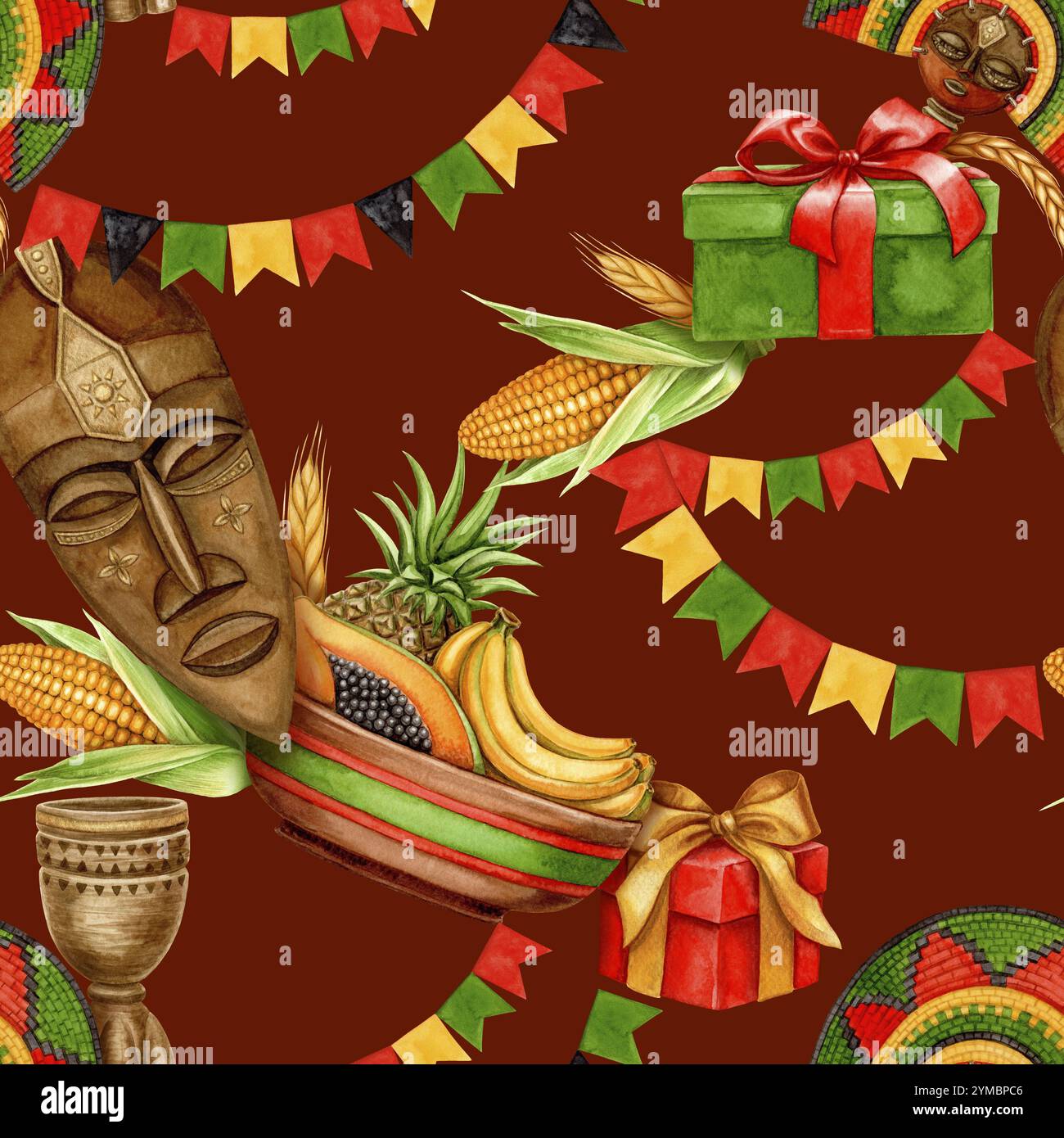 Kwanzaa seamless pattern of African mask, fruit plate and paper pennant ...