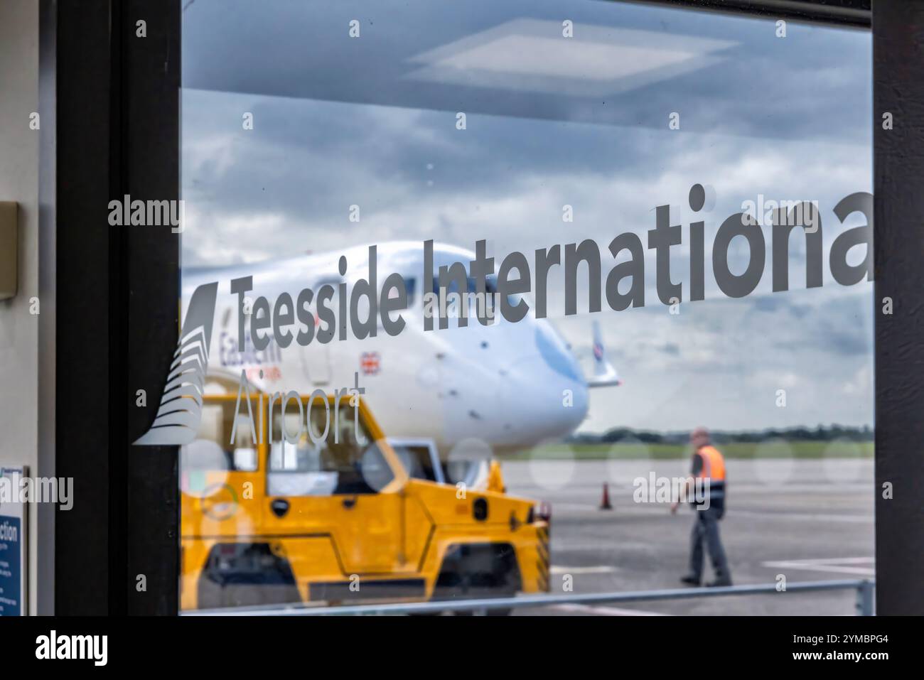 View through departure lounge window, Teesside International Airport, Darlington, County Durham ...