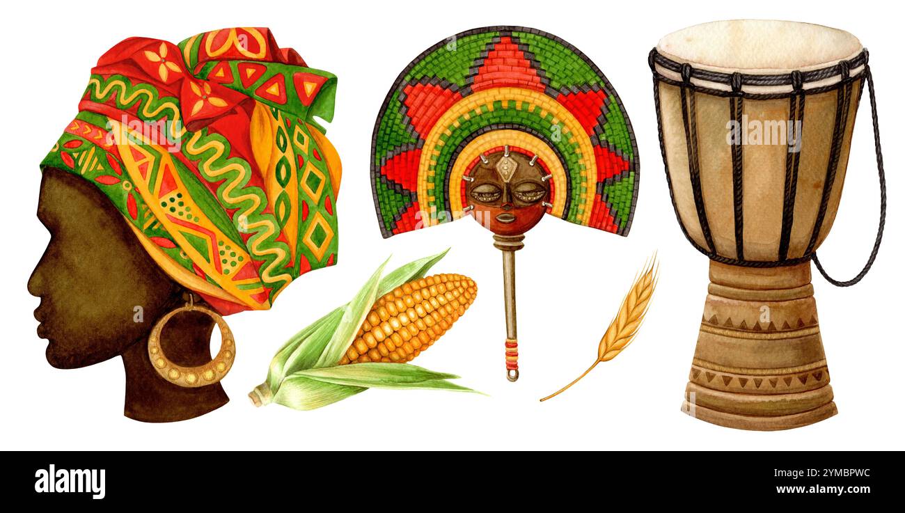 Set of African woman silhouette, wooden drum, ear of corn and colorful ...