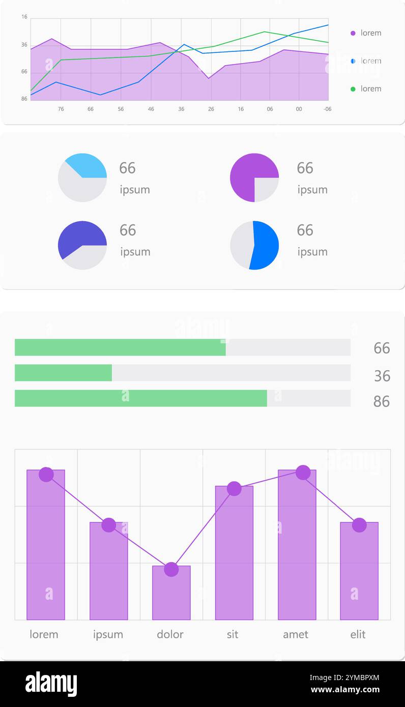 Set of pie charts, bar graphs, and line graphs in purple and green colors, representing ...