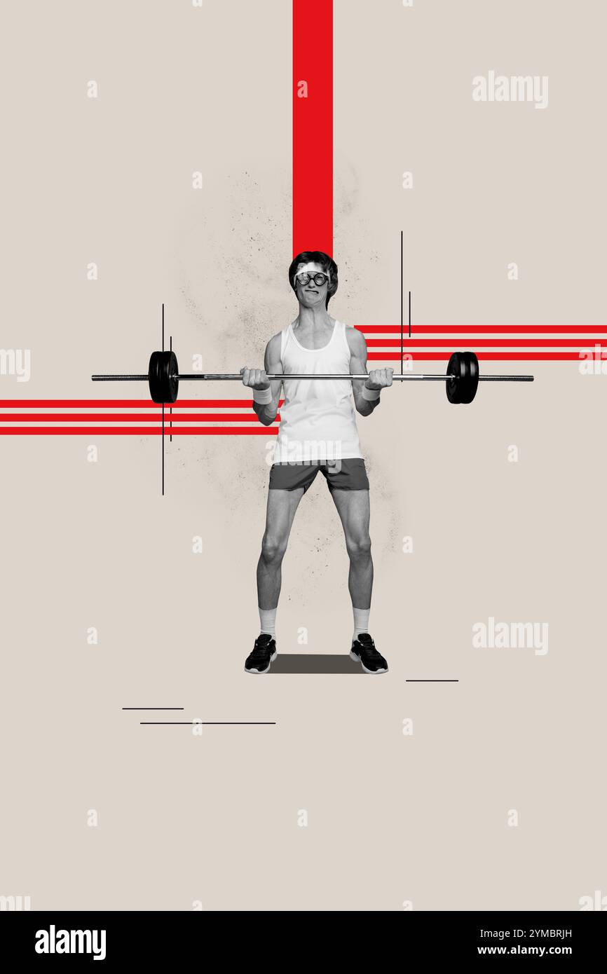 Vertical photo collage of serious young sportsman pump biceps heavy ...