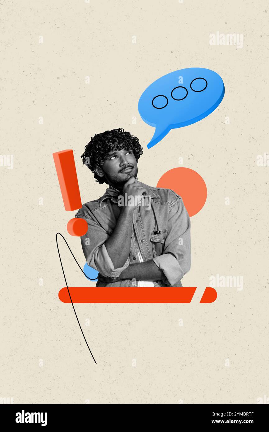 Vertical photo collage of minded man arab think decision text box ...