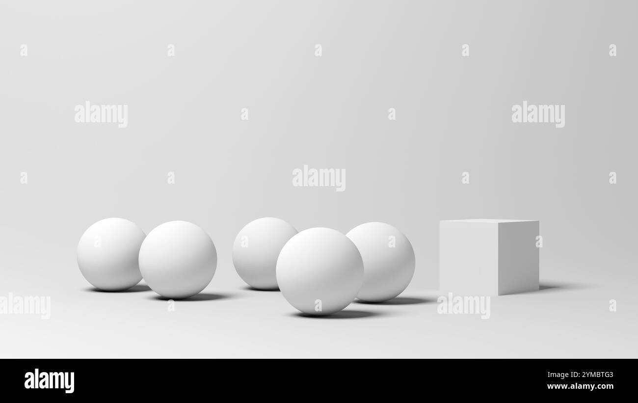 Five white spheres and one cube. 3d illustration Stock Photo - Alamy