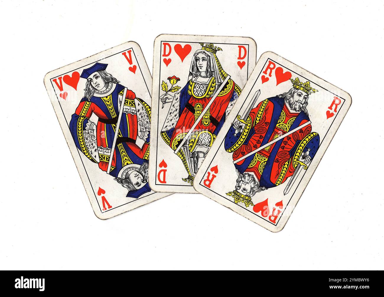 Vintage playing cards showing a run of jack, queen and king of hearts ...