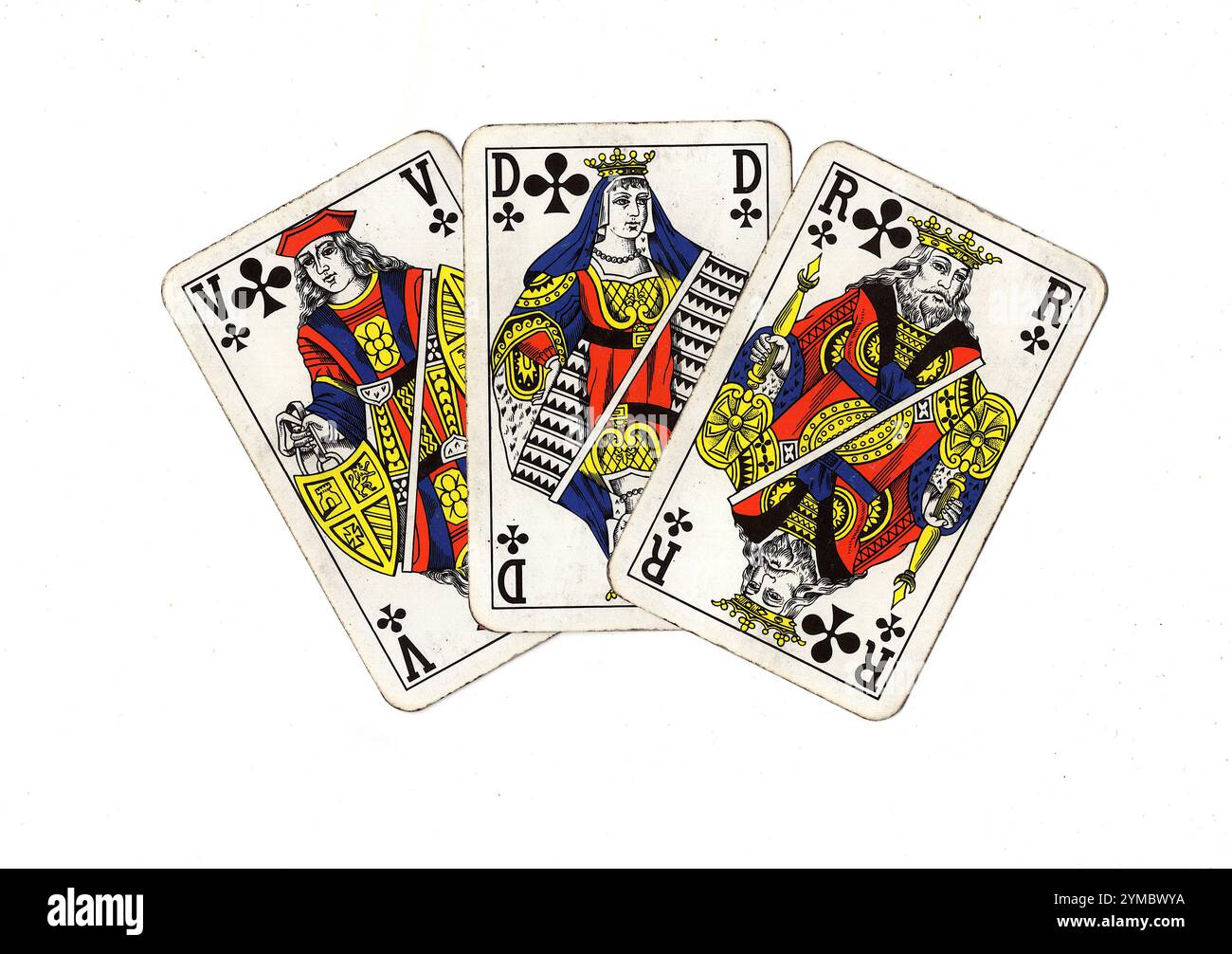 Vintage playing cards showing a run of jack, queen and king of clubs on ...