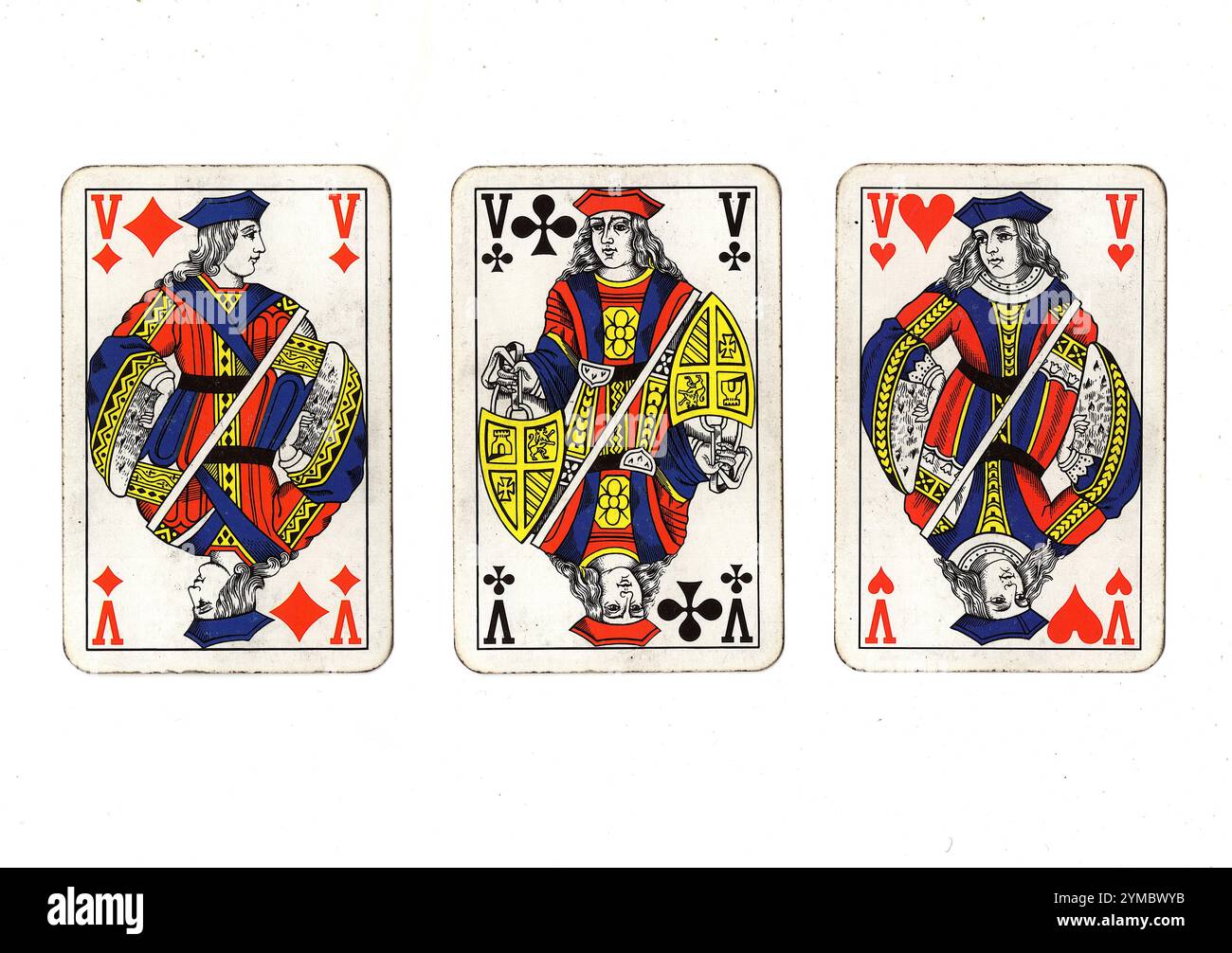 Vintage playing cards showing three jacks on a white background Stock ...