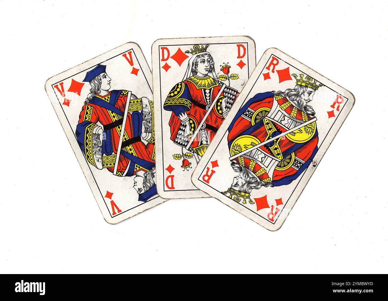 Vintage playing cards showing a run of jack, queen and king of diamonds ...
