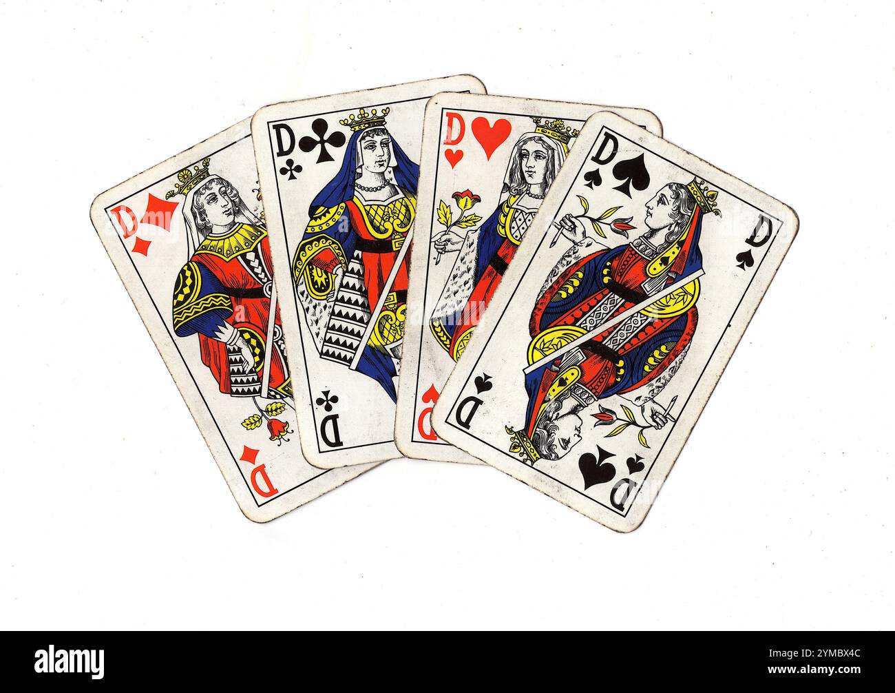 Vintage playing cards showing four queens on a white background Stock ...