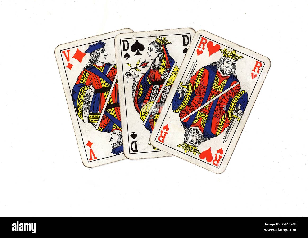 Vintage playing cards showing a run of jack, queen and king on a white ...