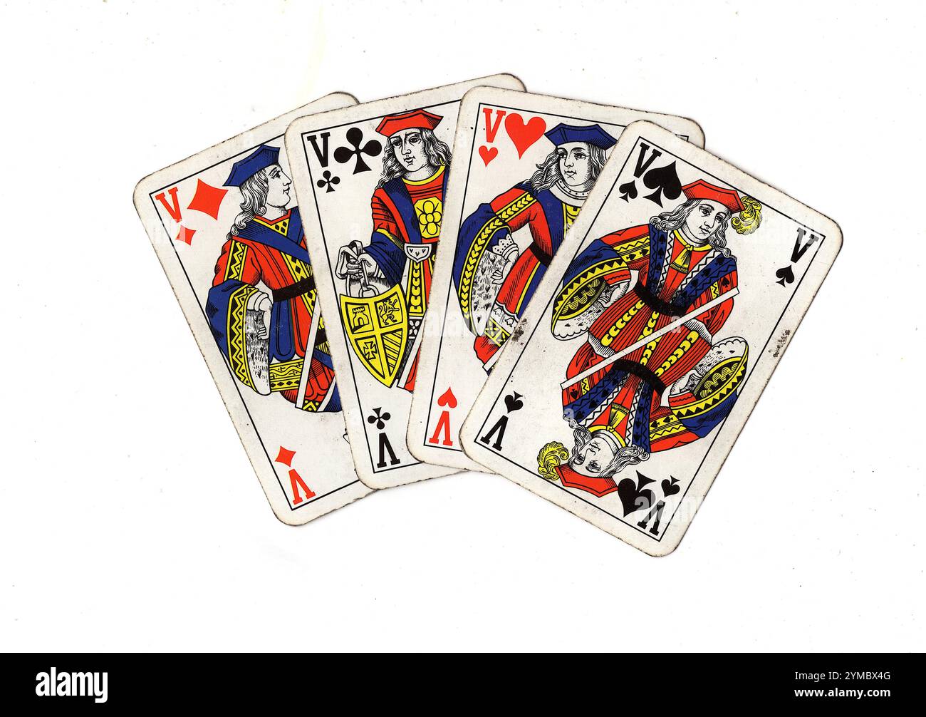 Vintage playing cards showing four jacks on a white background Stock ...