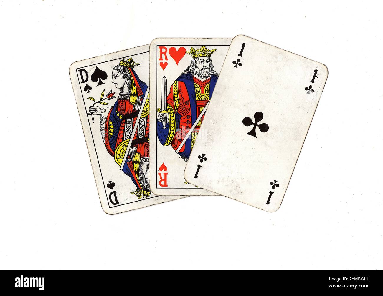 Vintage playing cards showing a run of queen, king and ace on a white ...