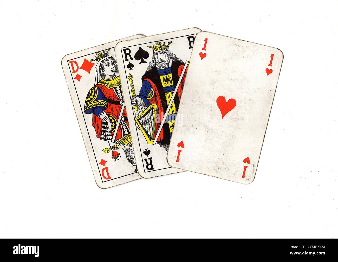 Vintage playing cards showing a run of queen, king and ace on a white ...