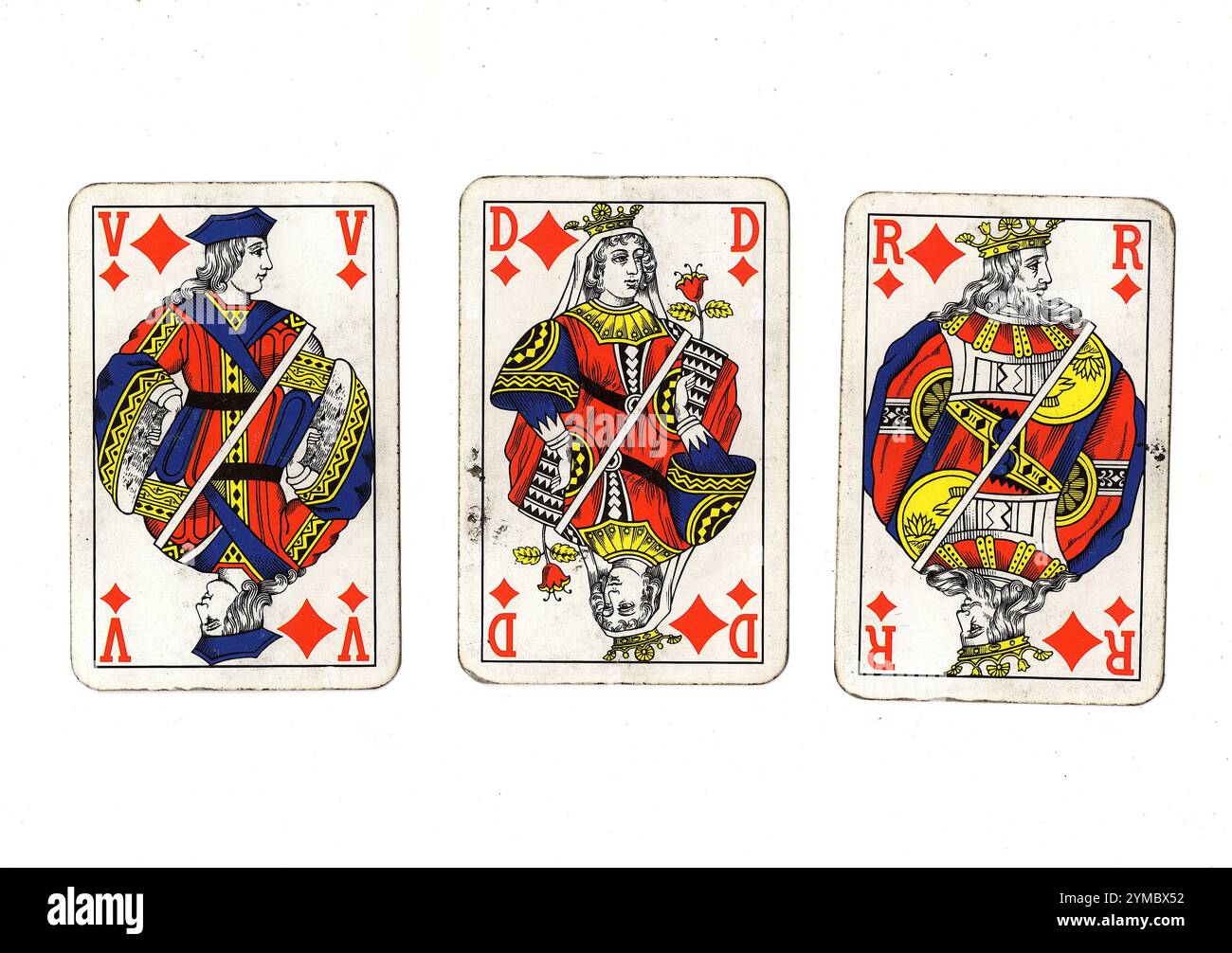 Vintage playing cards showing a run of jack, queen and king of diamonds ...