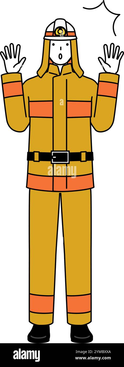 Firefighter in fire uniform raising his hand in surprise, Vector ...