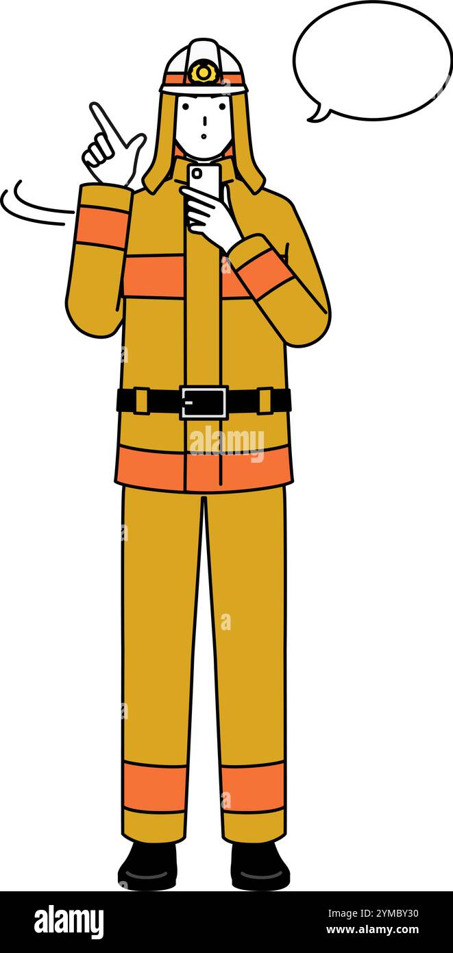 Firefighter in fire uniform operating a smartphone, Vector Illustration ...