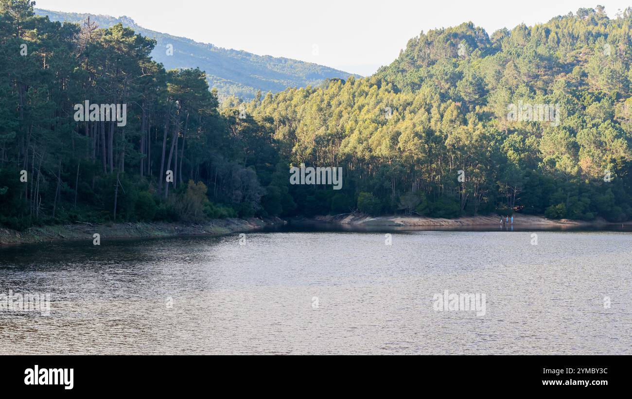 Calm waters reflecting the lush green forest surrounding the rio da ...