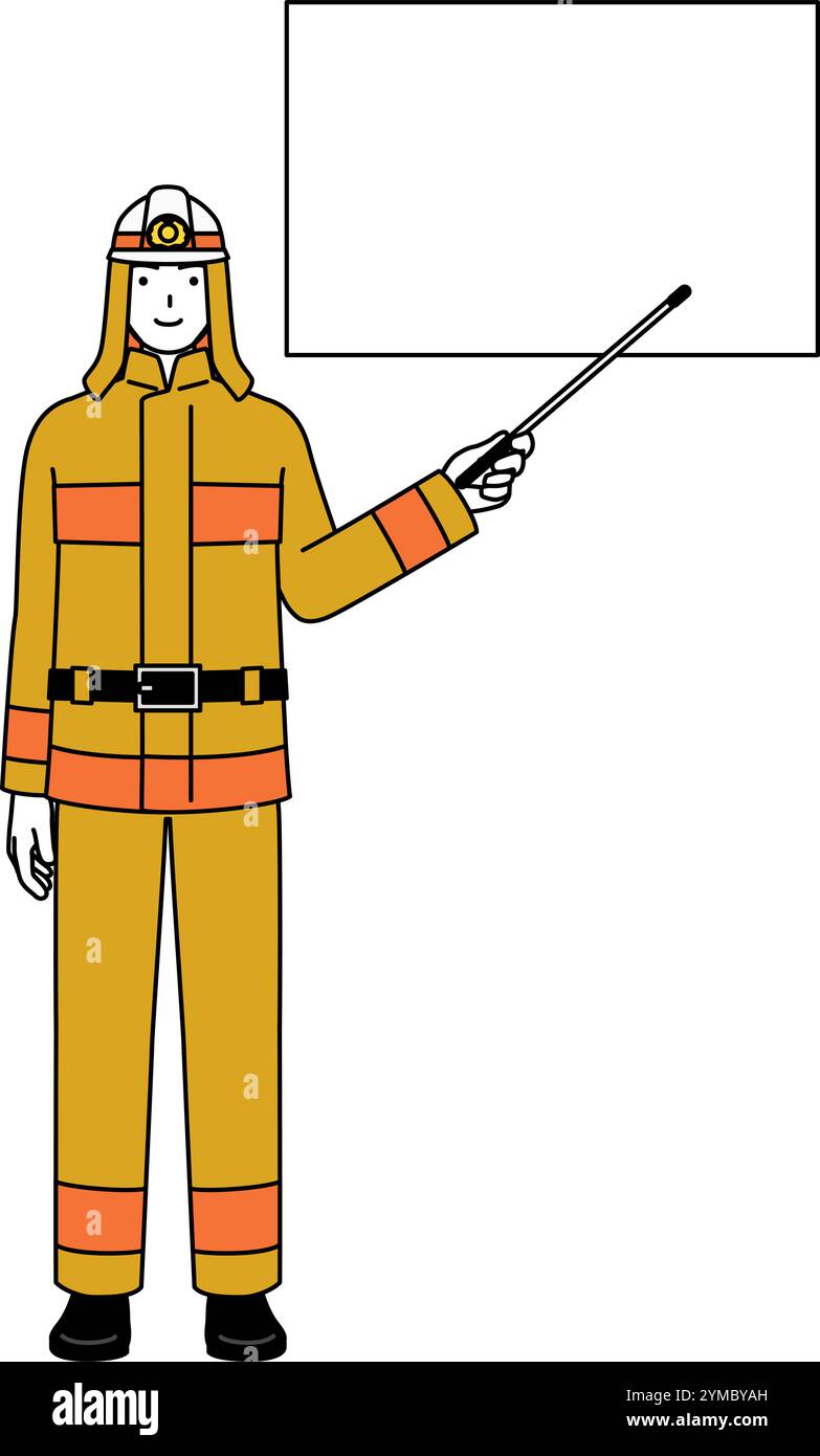 Firefighter in fire uniform pointing at a whiteboard with an indicator ...
